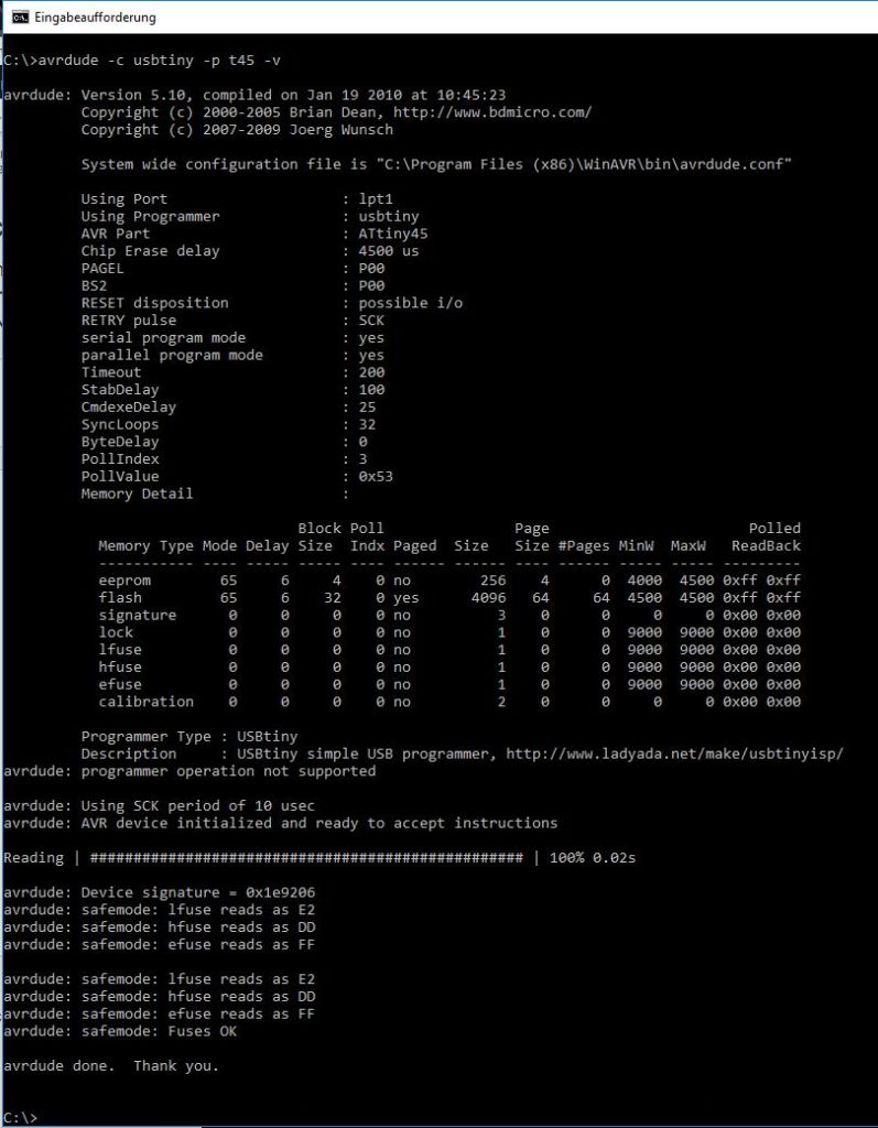 avrdude getting startet mittels USBtiny ISP Fuse-Bits lesen / schreiben ...